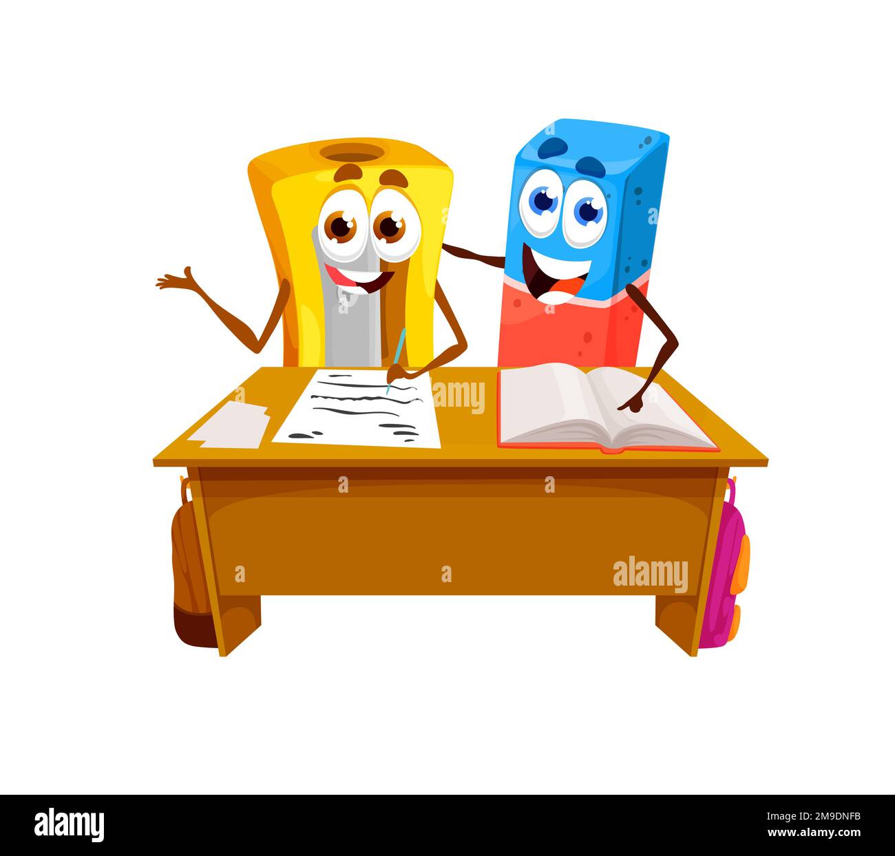 Cartoon sharpener and eraser characters in school. Back to school ...