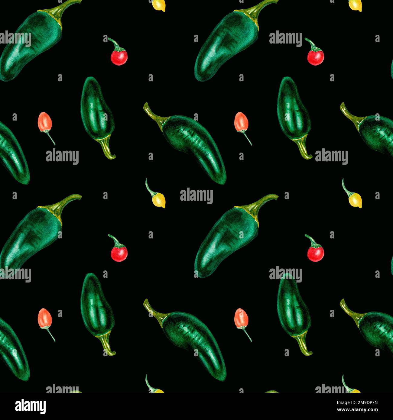 Jalapeno and little peppers. spicy watercolor seamless pattern isolated ...