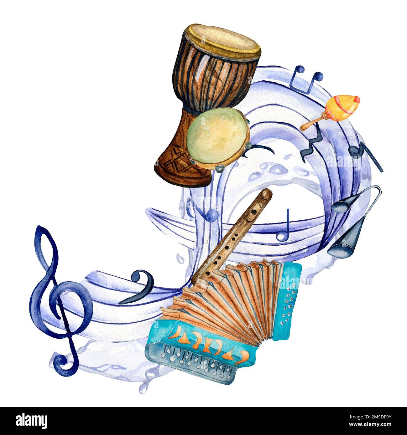 Musical symbols and accordion watercolor illustration on white ...