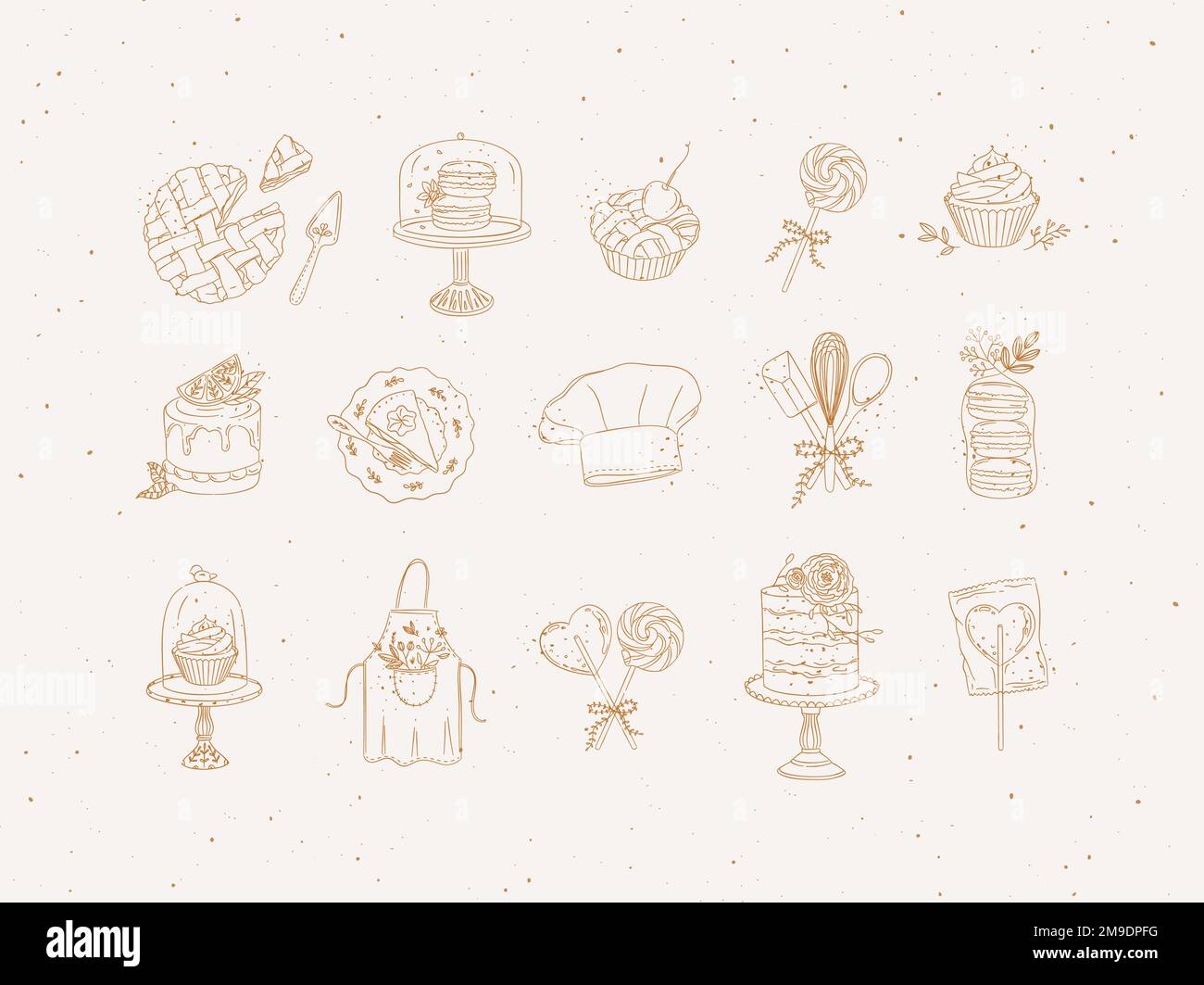 Bakery desserts and kitchen appliances in hand drawing style on beige ...