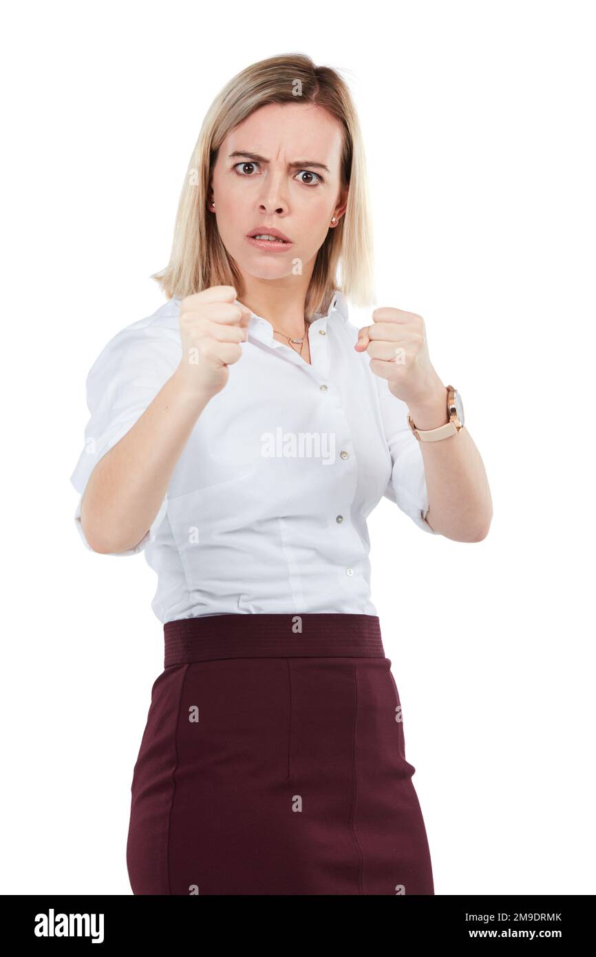 Portrait, fight and woman with anger, fist and person isolated on white ...