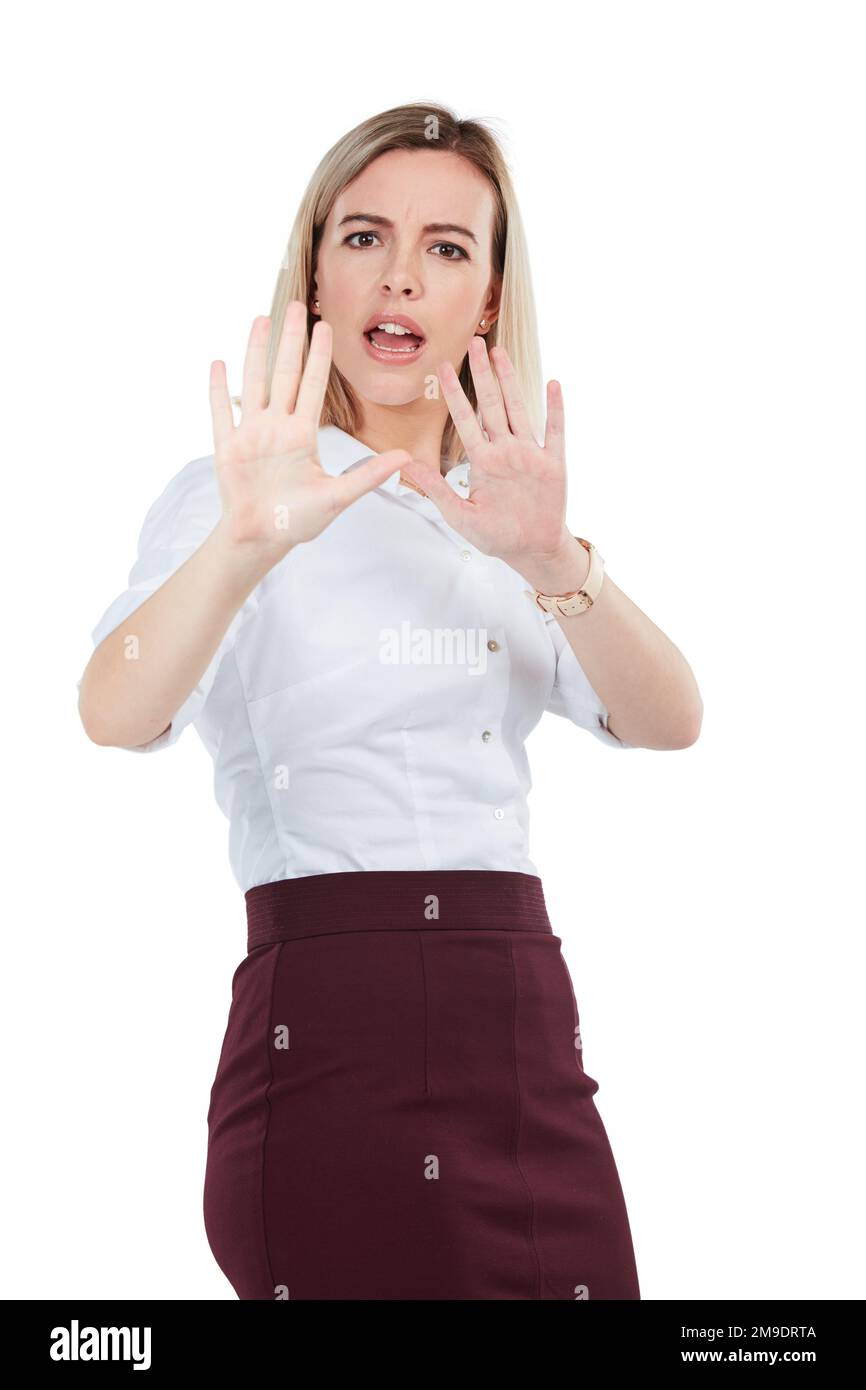 Warning, stop and portrait of a woman with hands isolated on a white ...