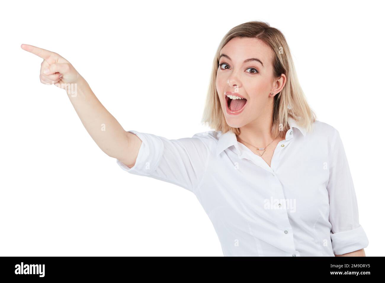Advertising, promotion and woman pointing finger on a white background ...