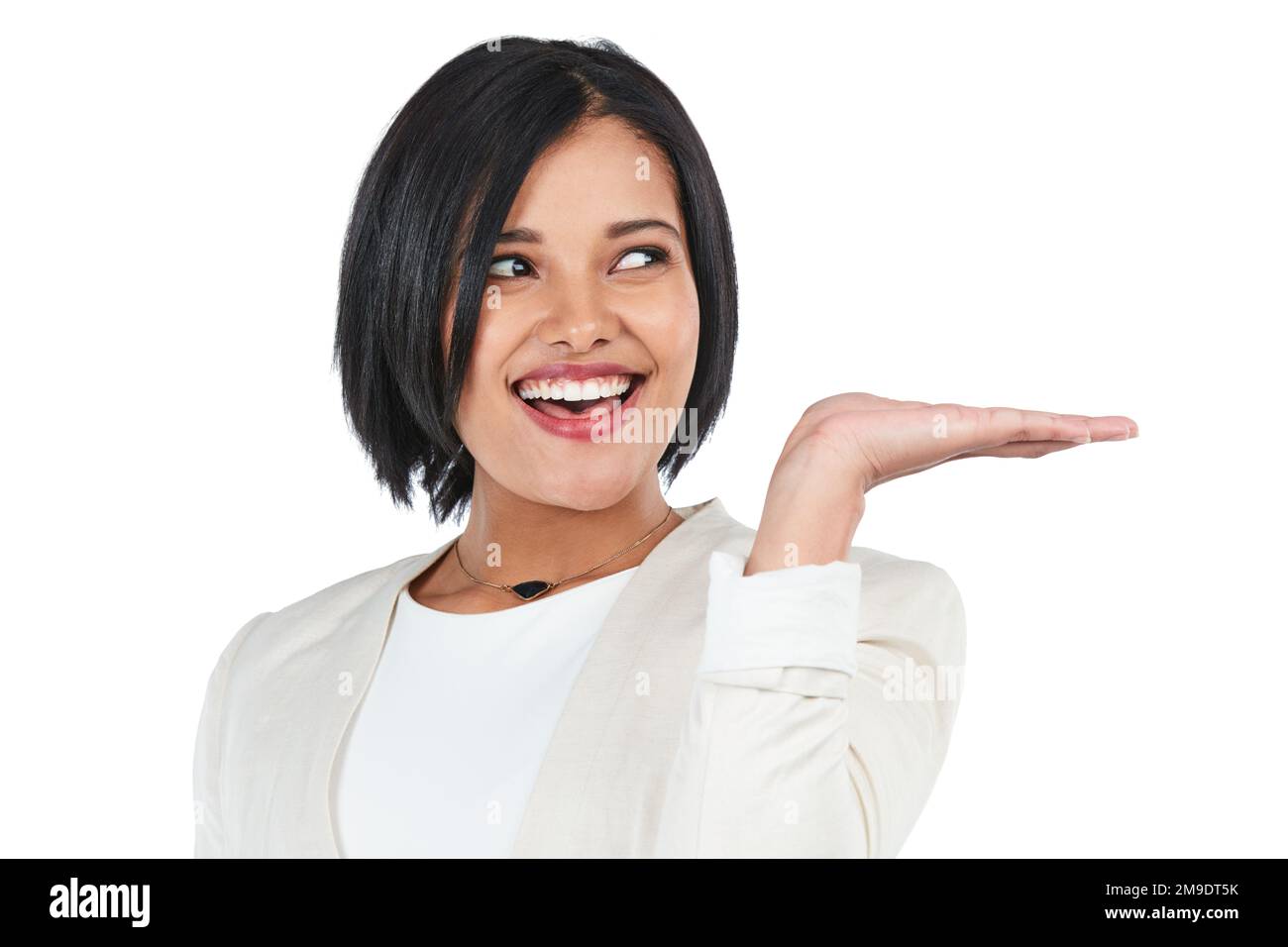Advertising, hand promotion and black woman on a white background for ...