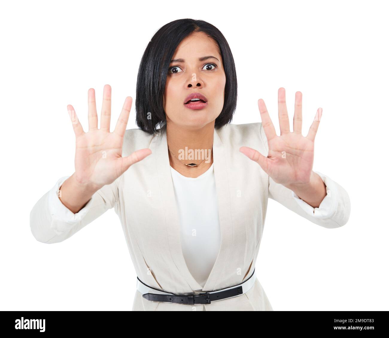 Scared, stop and portrait of a woman in a studio with a fear, shock and ...