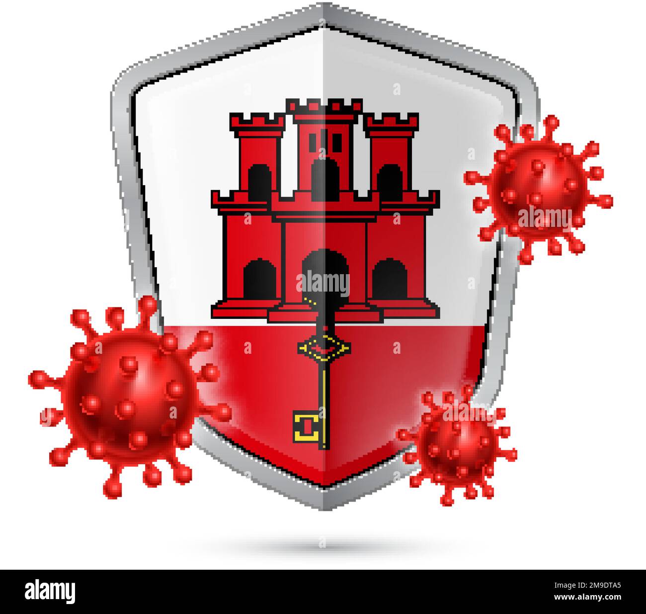 Flag of Gibraltar on Metal Shiny Shield Icon and Red Corona Virus Cells ...