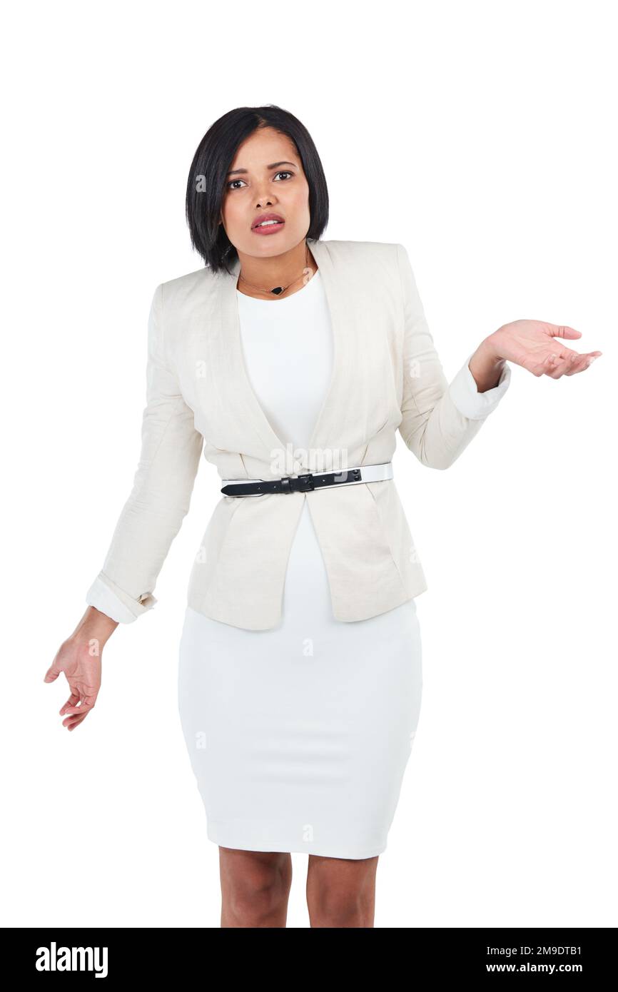 Corporate studio portrait, black woman and question with hand gesture ...