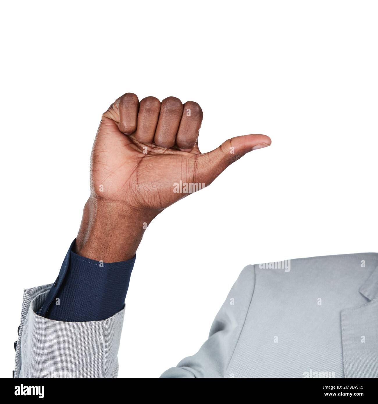 Business man, hand and pointing finger sign for choice mockup isolated ...