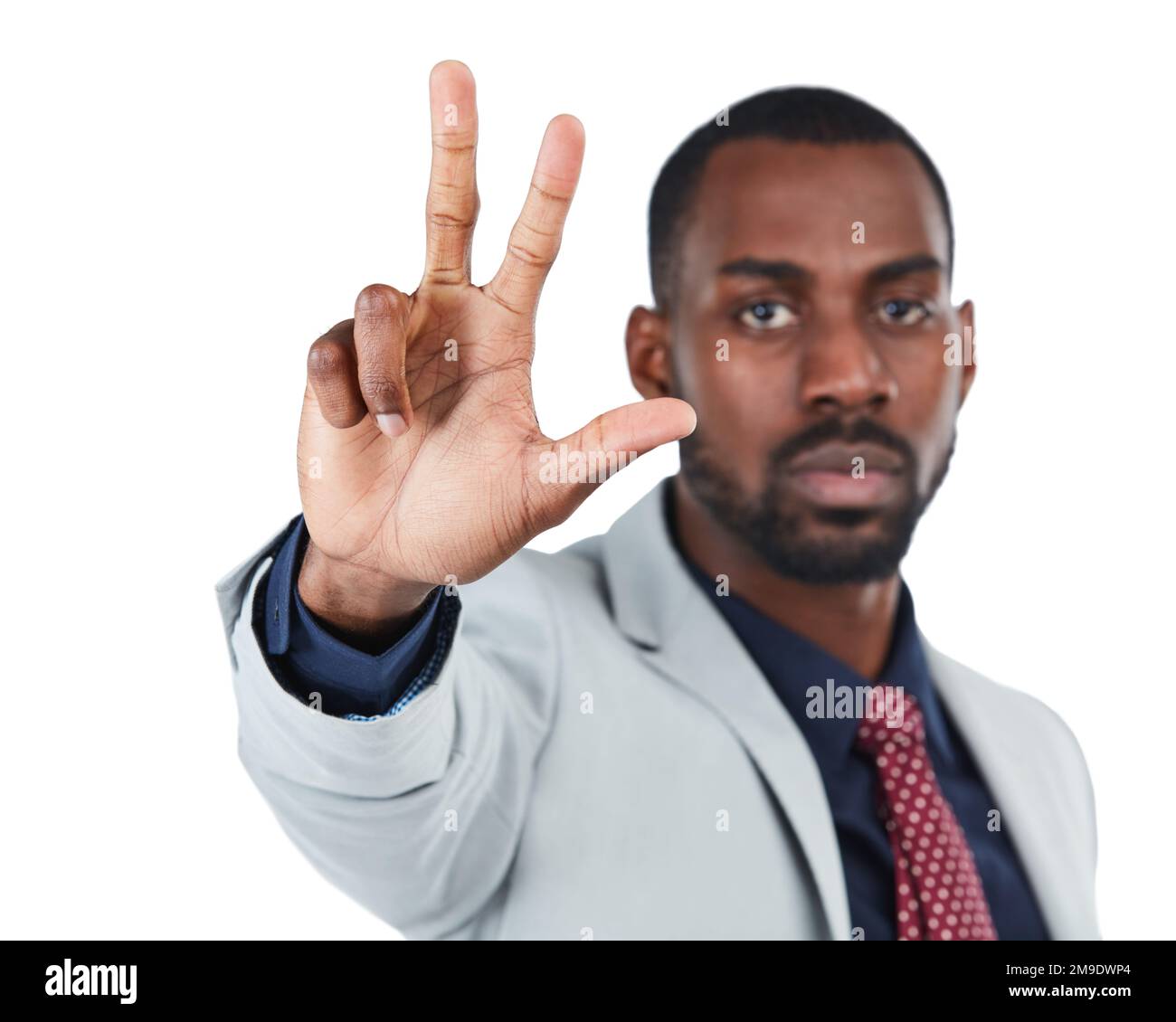 Business man, three hand sign and portrait of a corporate employee in a ...