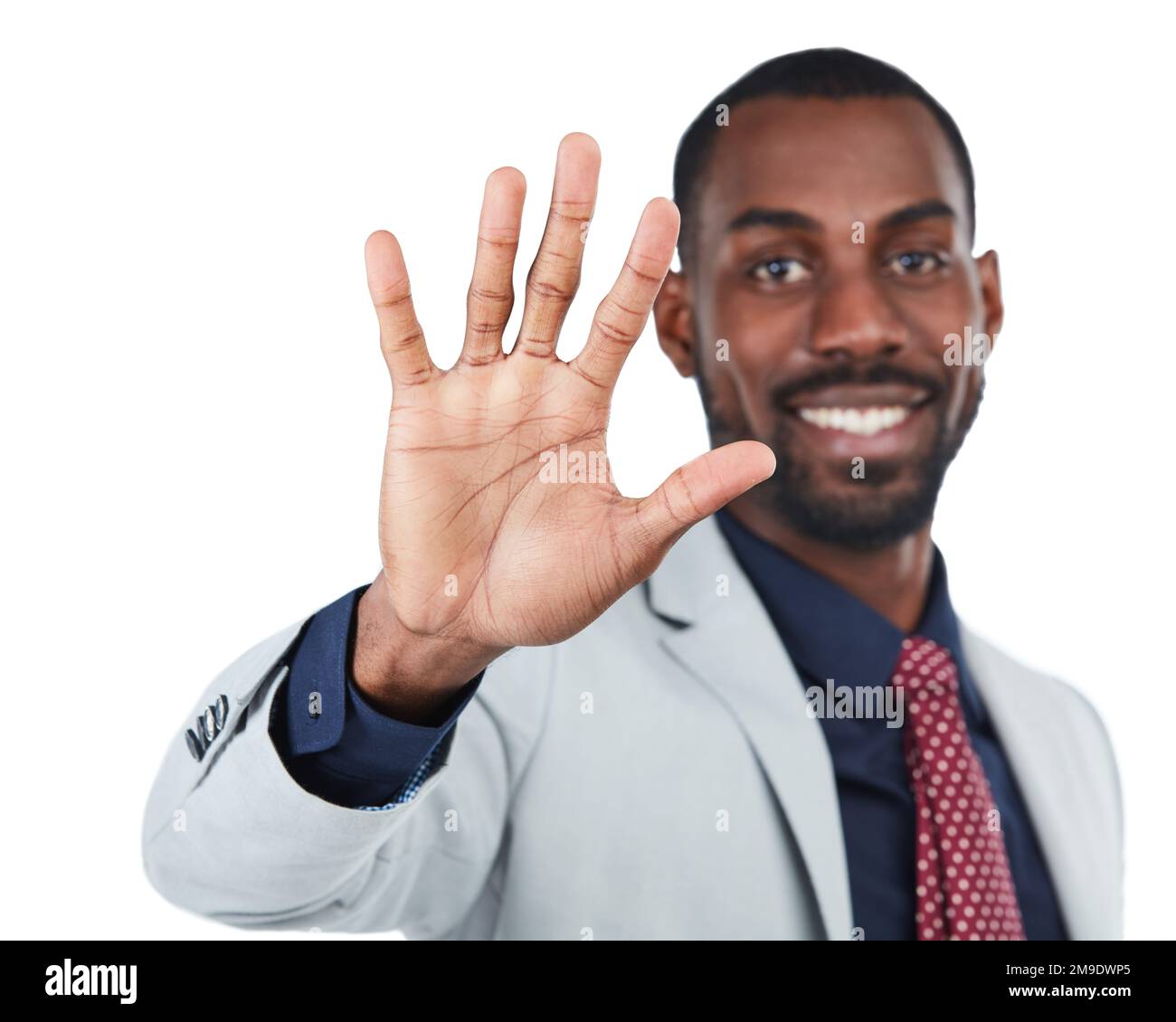 Portrait, business and black man wave, welcome and guy isolated on ...