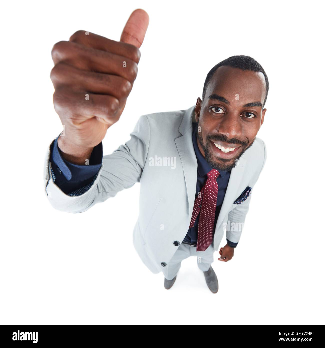 High angle, portrait or businessman and thumbs up on isolated white ...