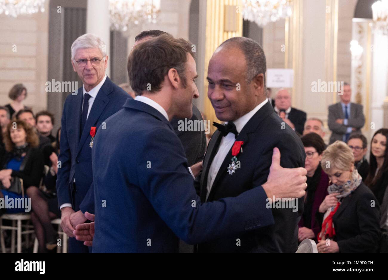 Paris, France. 17th Jan, 2023. President Emmanuel Macron embraces ...