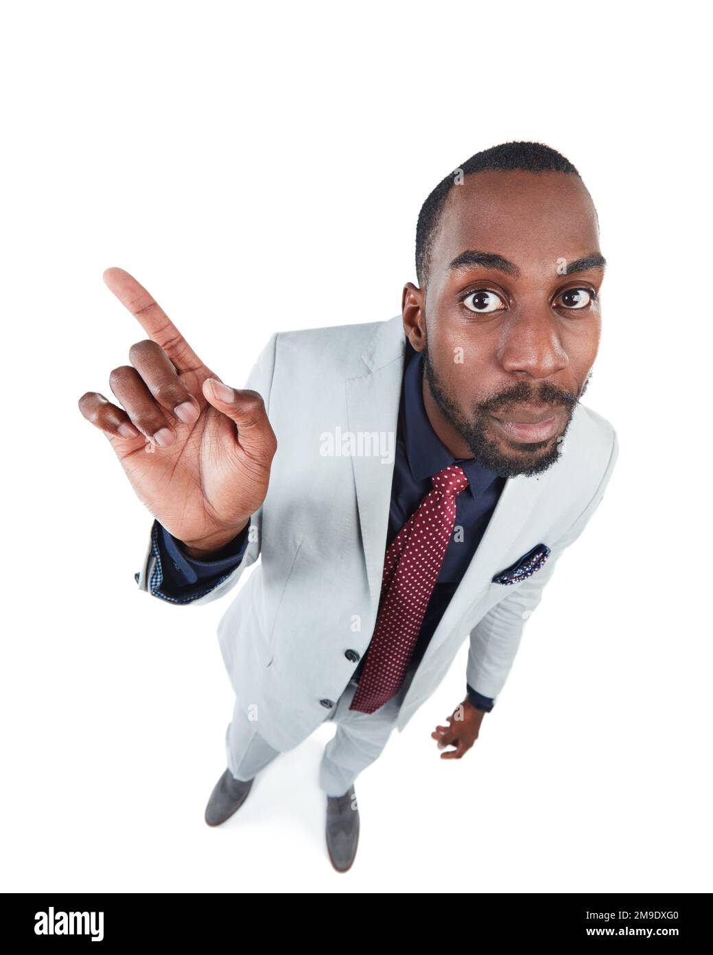 High angle, portrait or pointing businessman on isolated white ...