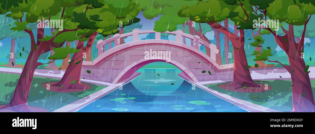 Summer rainy park landscape with bridge over pond, floating water lily ...