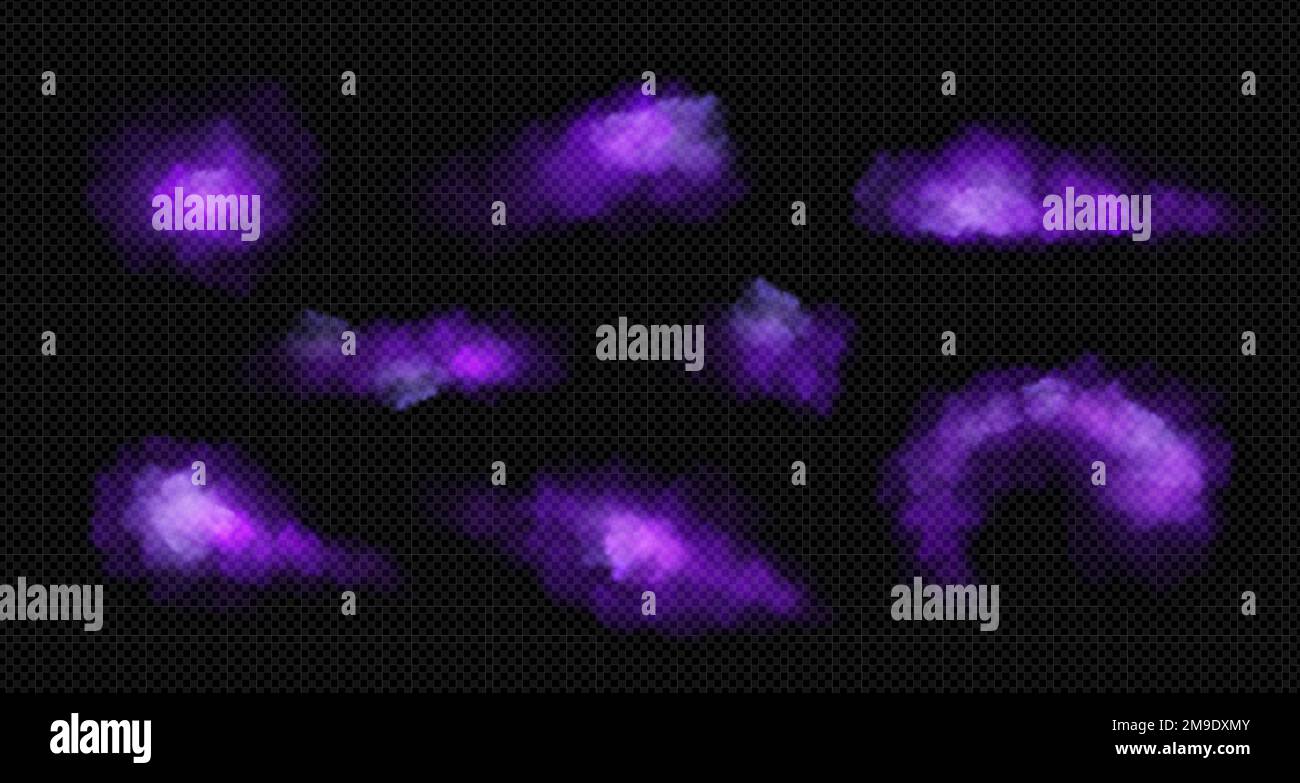 Violet clouds of smoke, fog or steam. Magic purple dust splashes, color ...