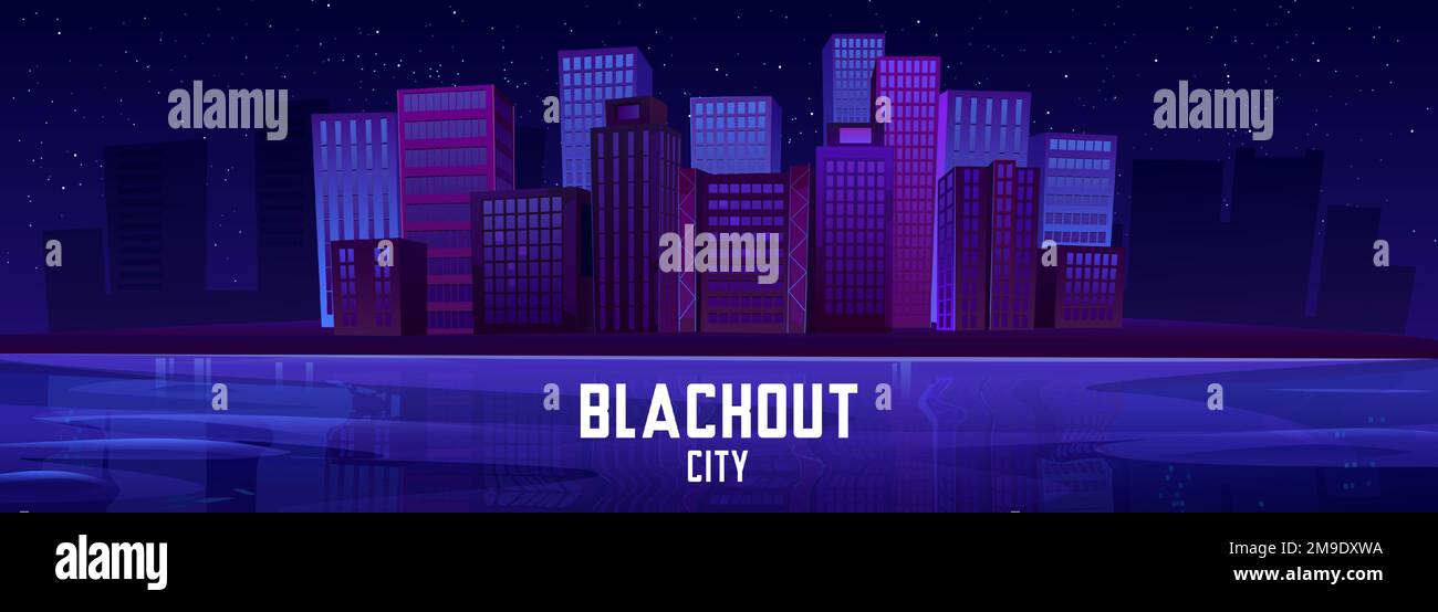 Blackout city, electricity outage at night. Skyline with skyscrapers ...