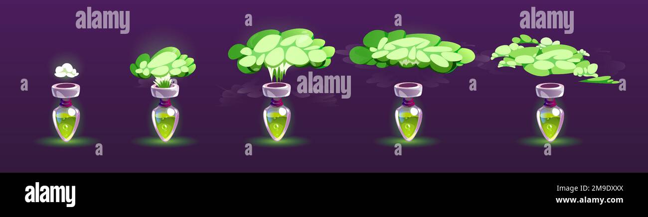 Potion bottle with puff cloud animation set isolated on background ...