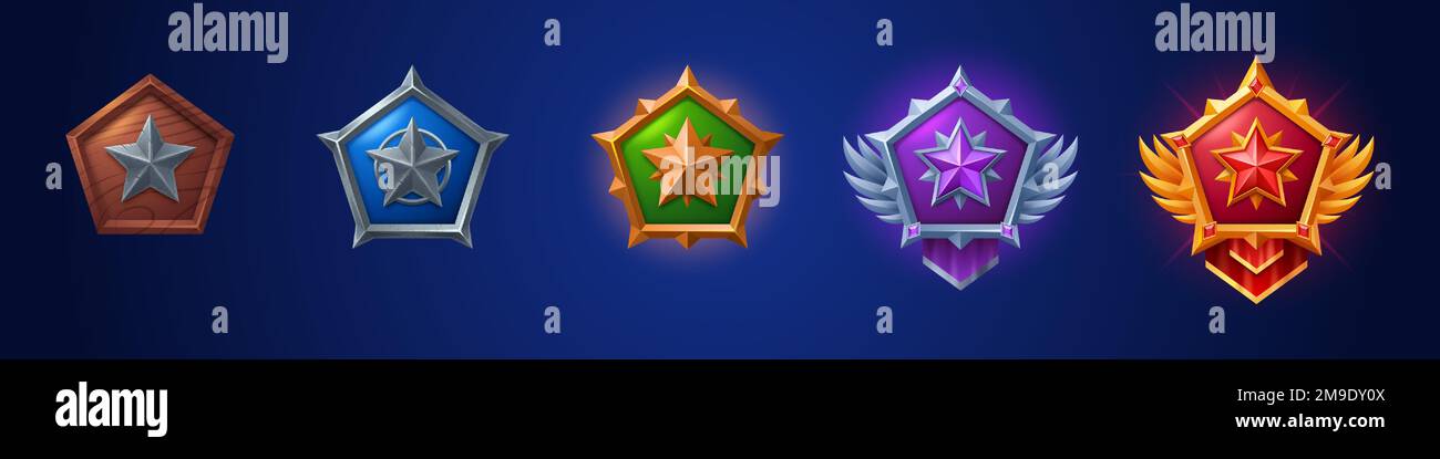 Cartoon set of game badges of different rank isolated on dark blue ...