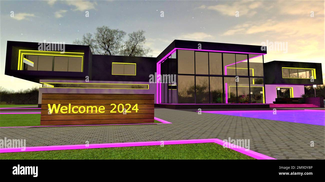 Welcome 2024 text on the wooden stand with amazing illuminated estate ...