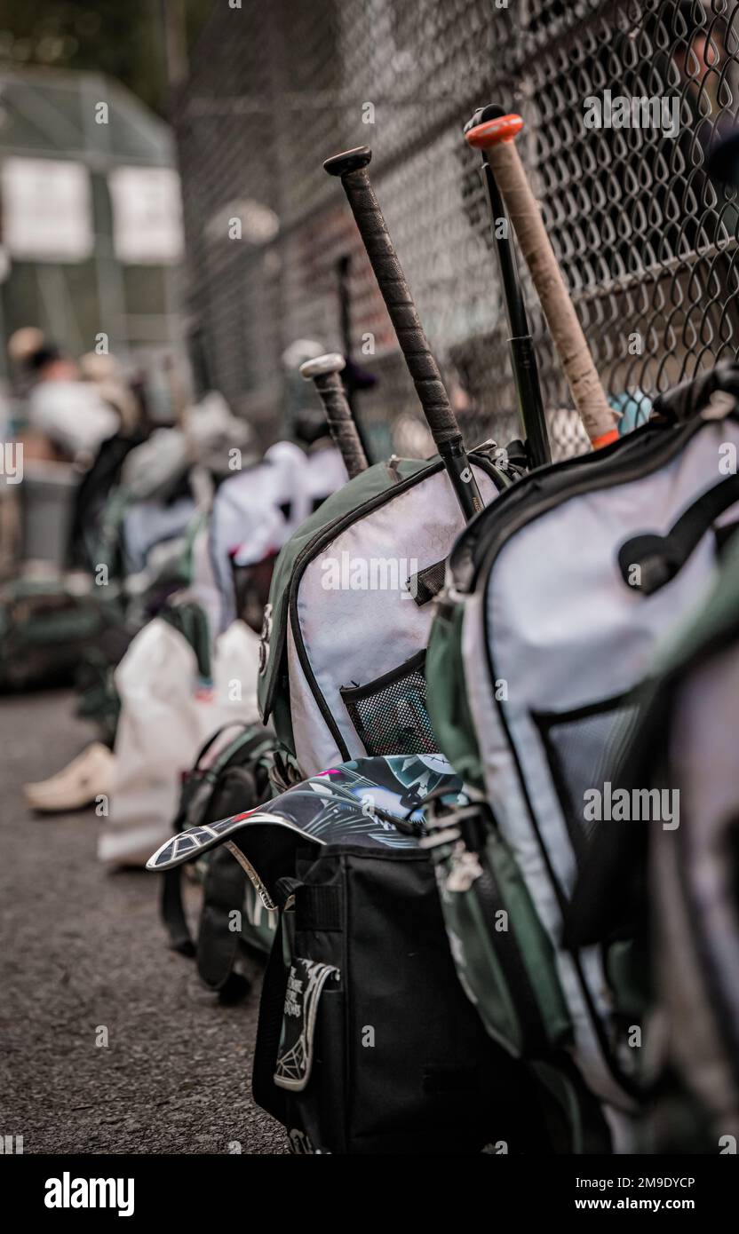 A vertical closeup of bag and bats lined up behind the dugout Stock ...