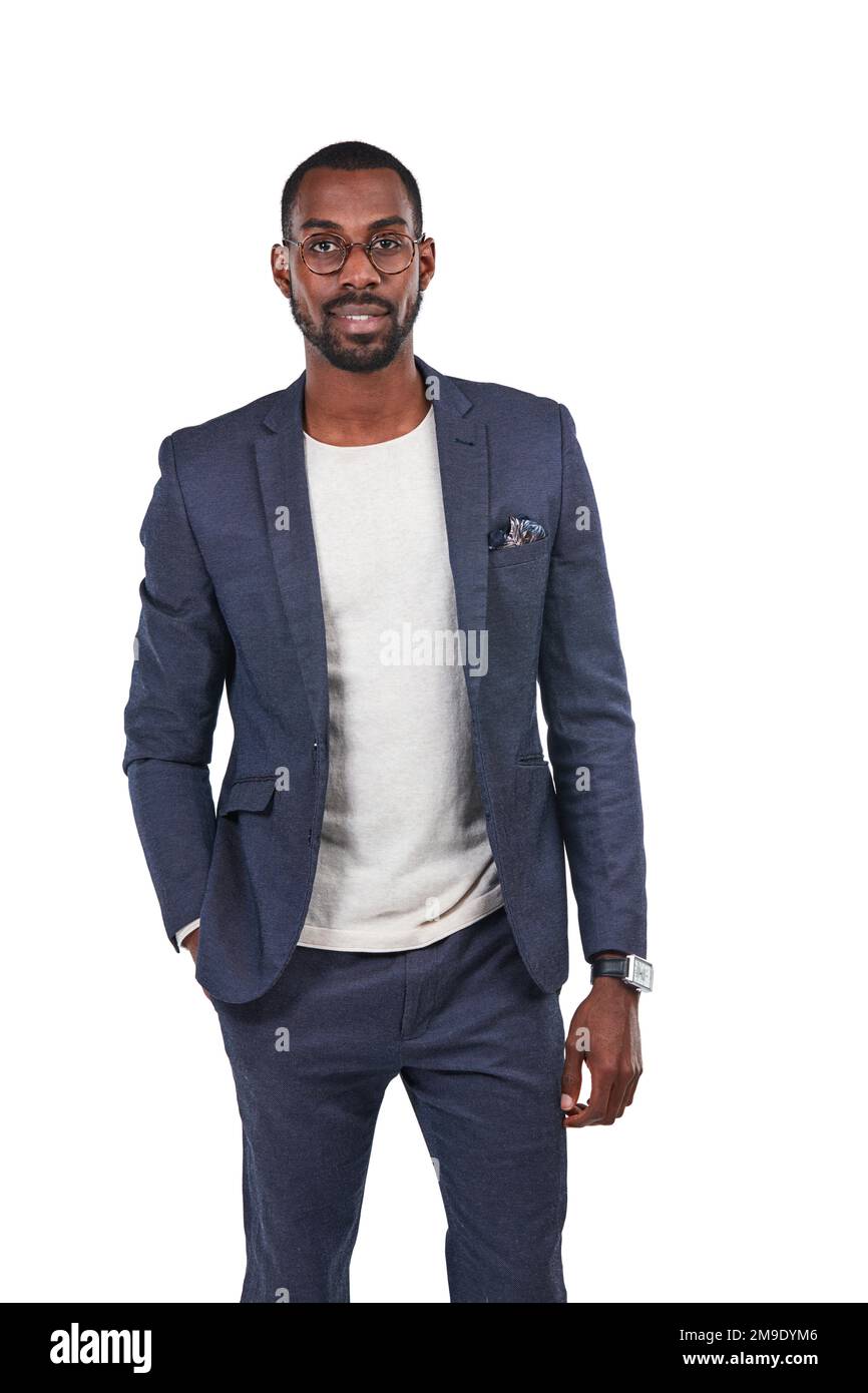 Black businessman, portrait or fashion suit on isolated white ...