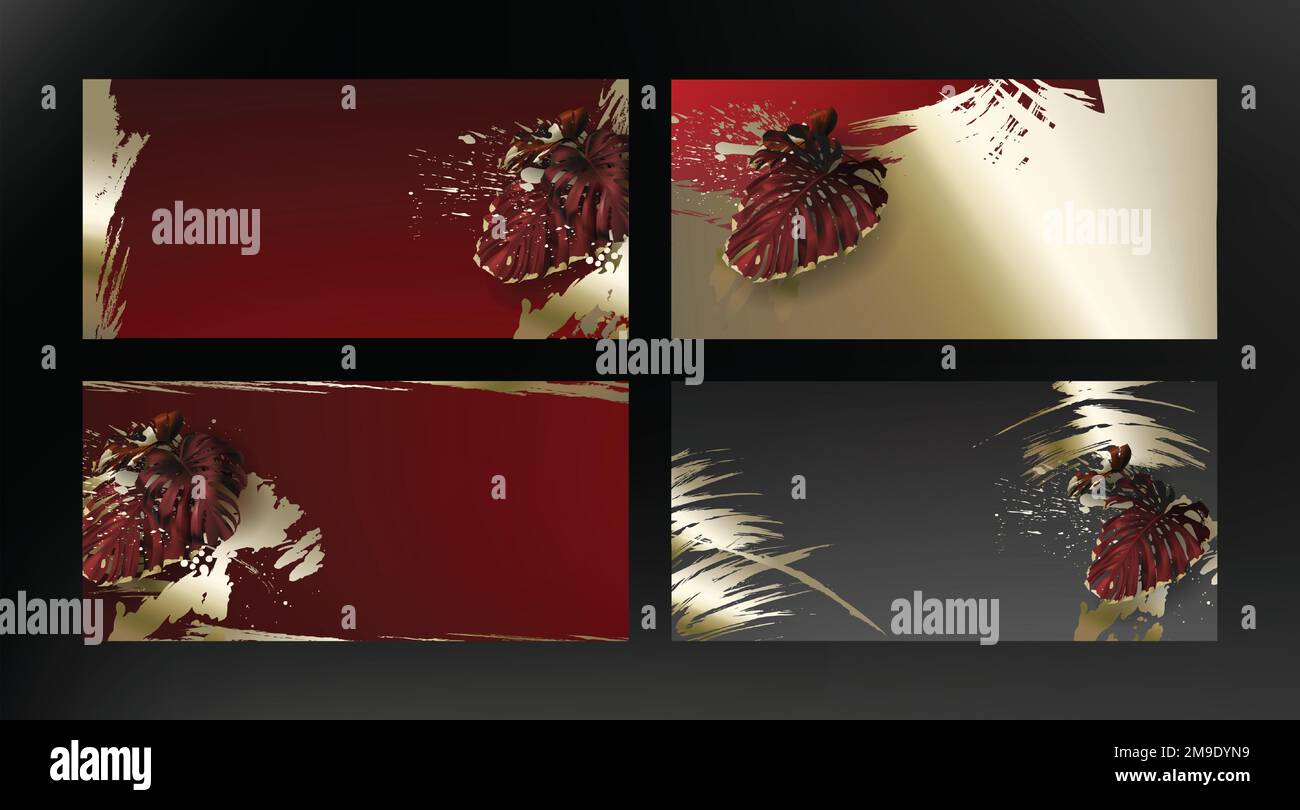 Tropical gold maroon monstera leaf, on dark red background vector ...