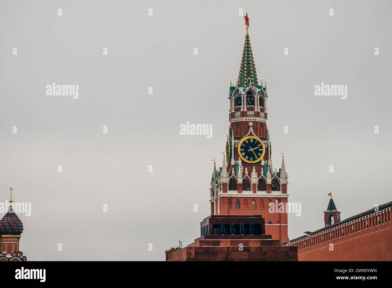 clock on the Spasskaya tower in red square in Moscow, Russia Stock ...