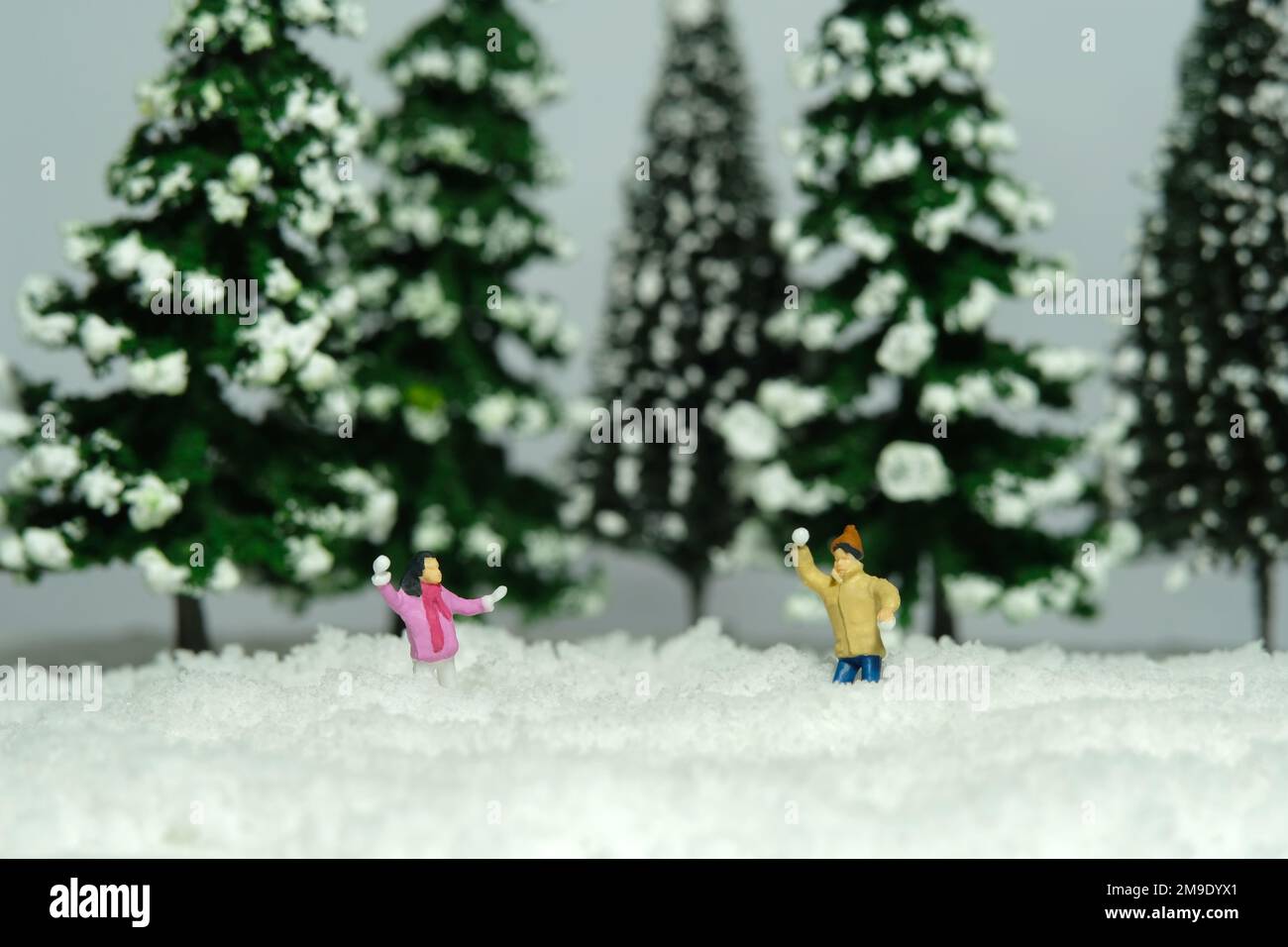 Miniature people toy figure photography. Winter holiday. Kids brother ...