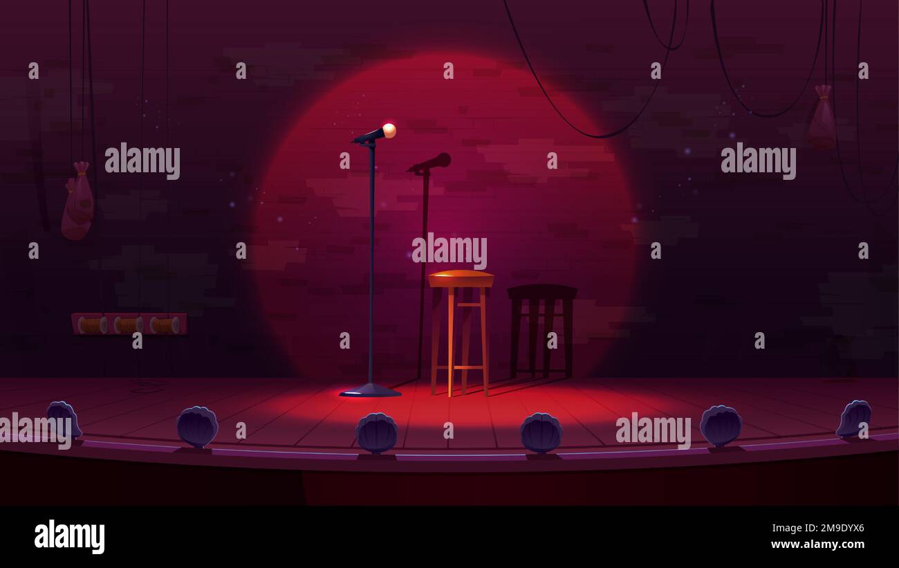Stand up stage with mic and stool. Comedy show, music contest, karaoke ...