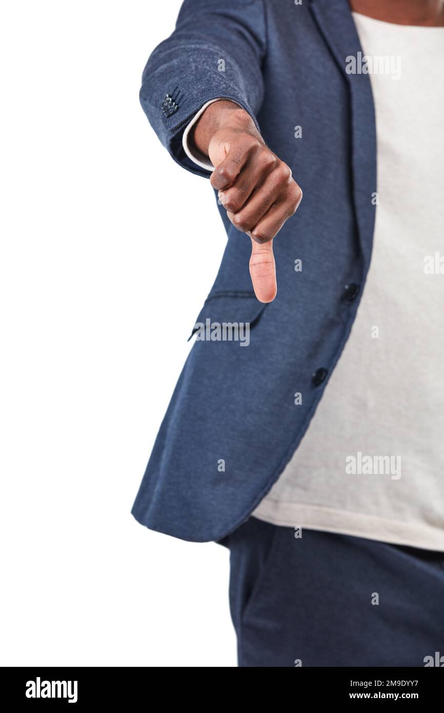 Black man, hands and thumbs down for fail, disagree or incorrect ...