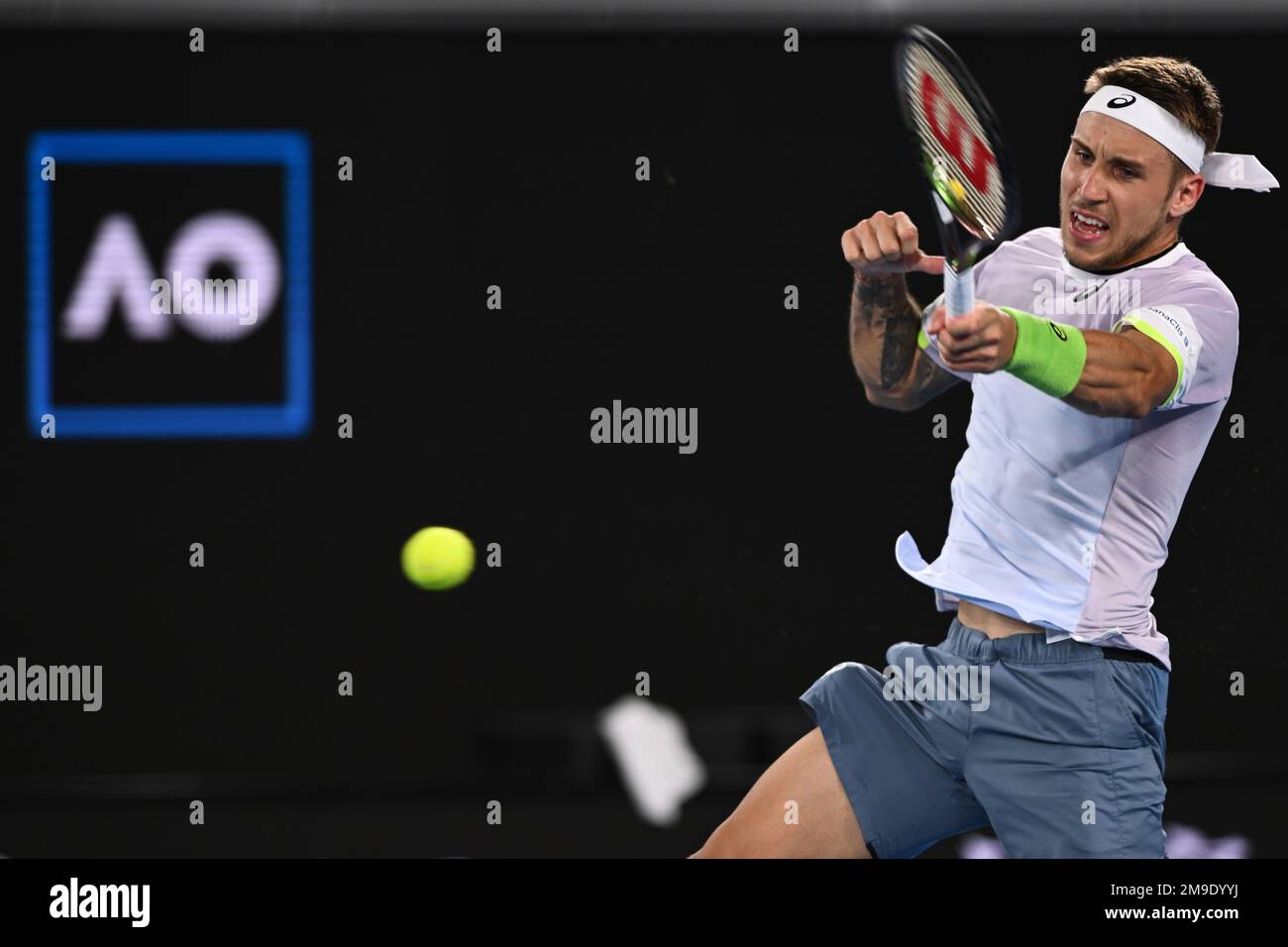 Alex Molcan of Slovakia in action during his match against Felix Auger-Aliassime of Canada ...