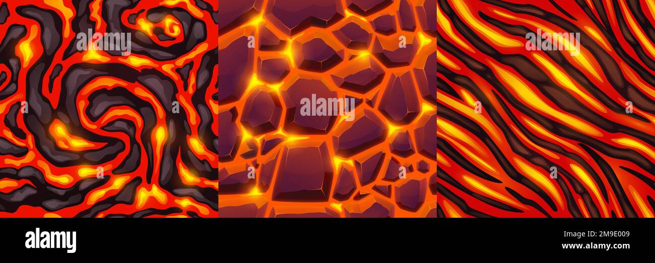 Textures of lava, magma and stones. Seamless patterns of volcano rock surface with cracks and ...