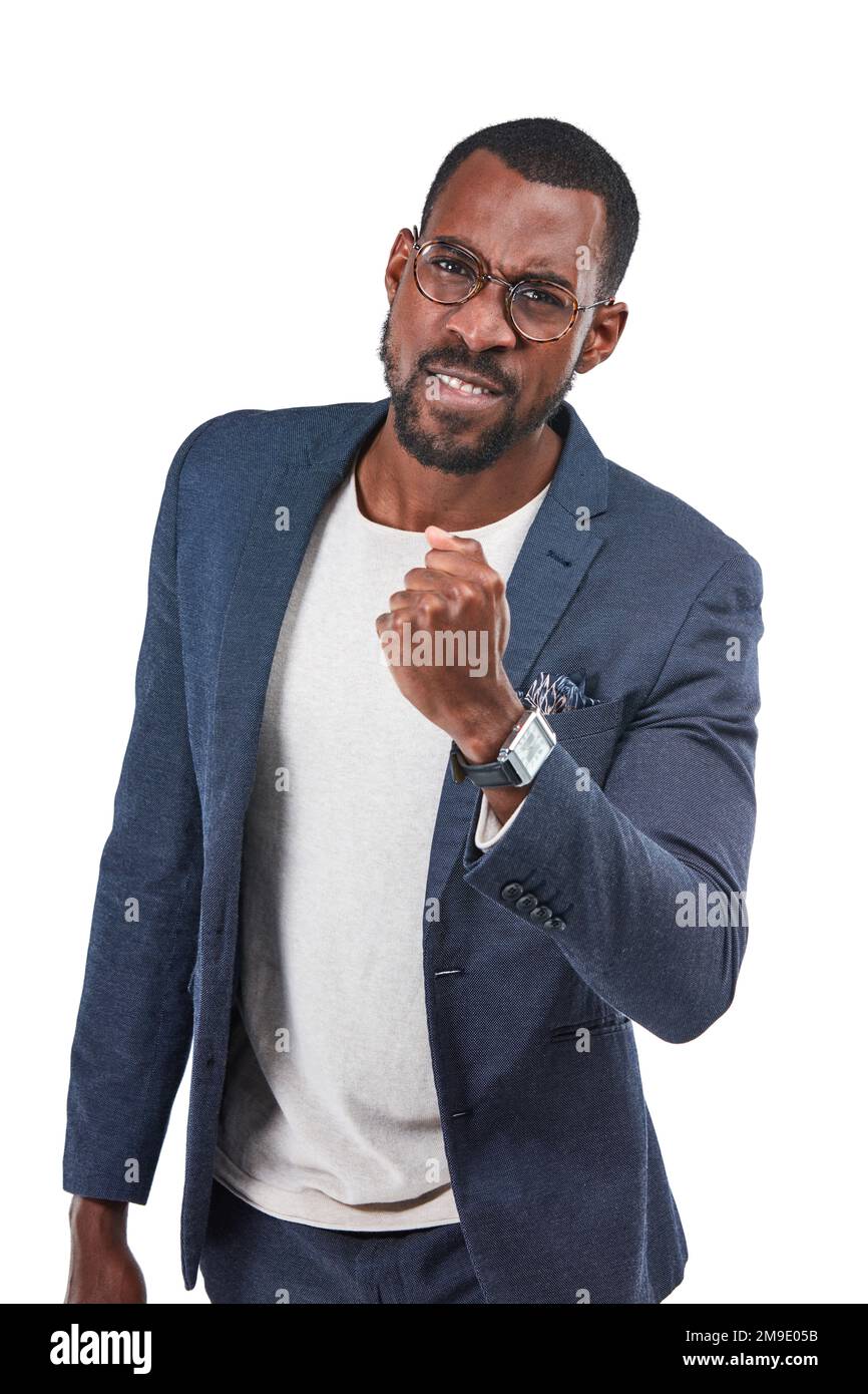 Portrait, businessman or fist in motivation, power or mission goals on ...