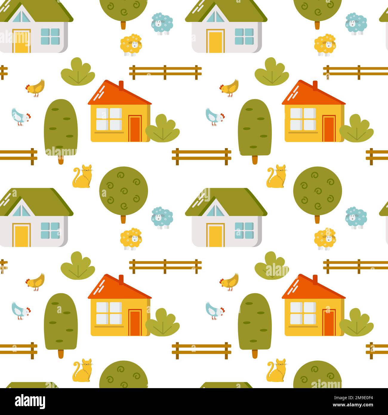 Seamless pattern with village houses, chickens and sheeps. Vector ...