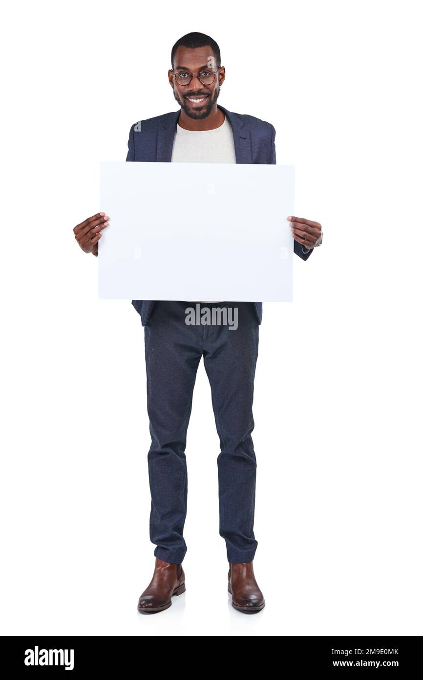 Businessman portrait, happy worker and poster mockup on marketing paper ...