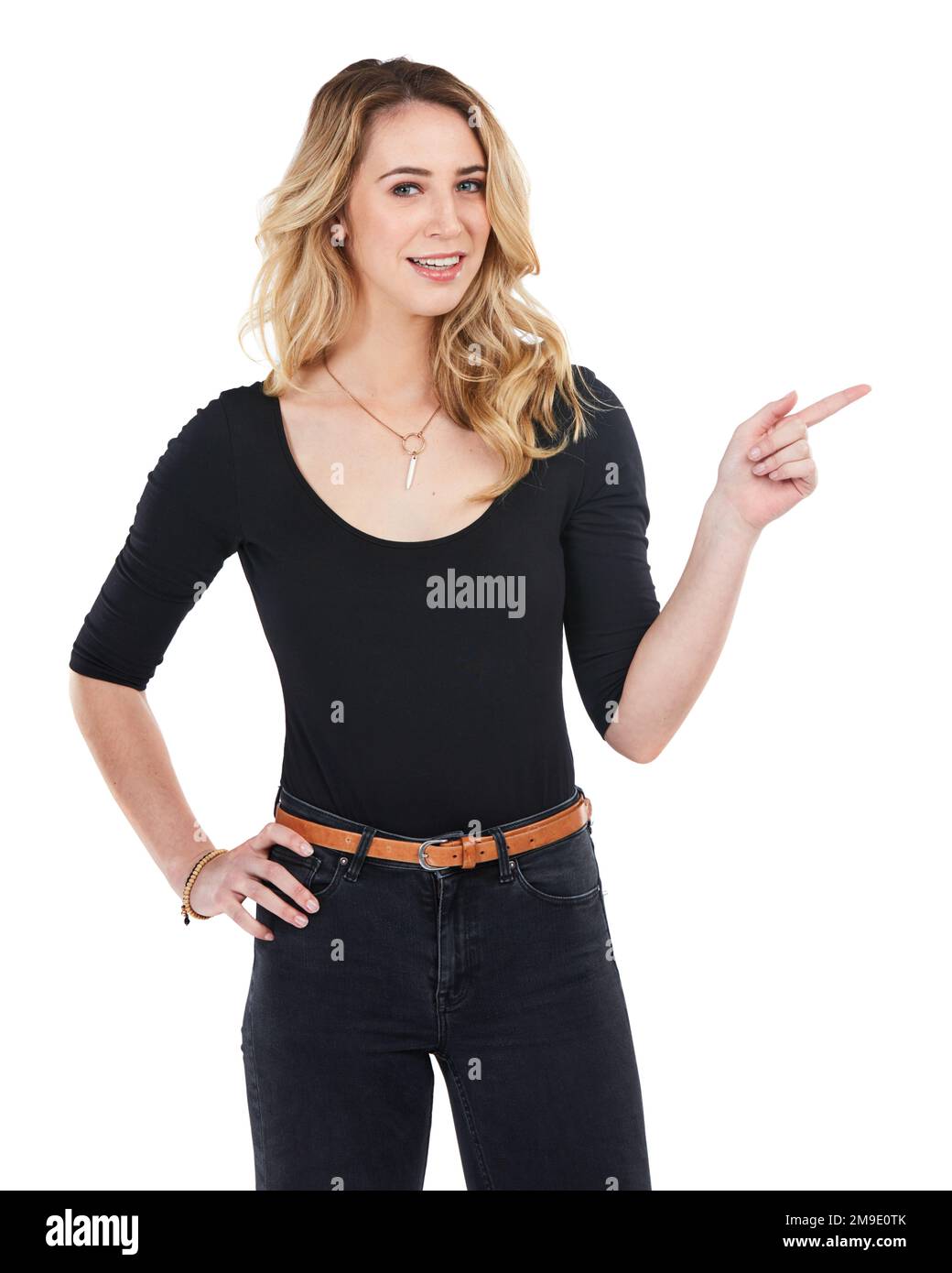 Direction, marketing and portrait of a woman pointing isolated on a ...