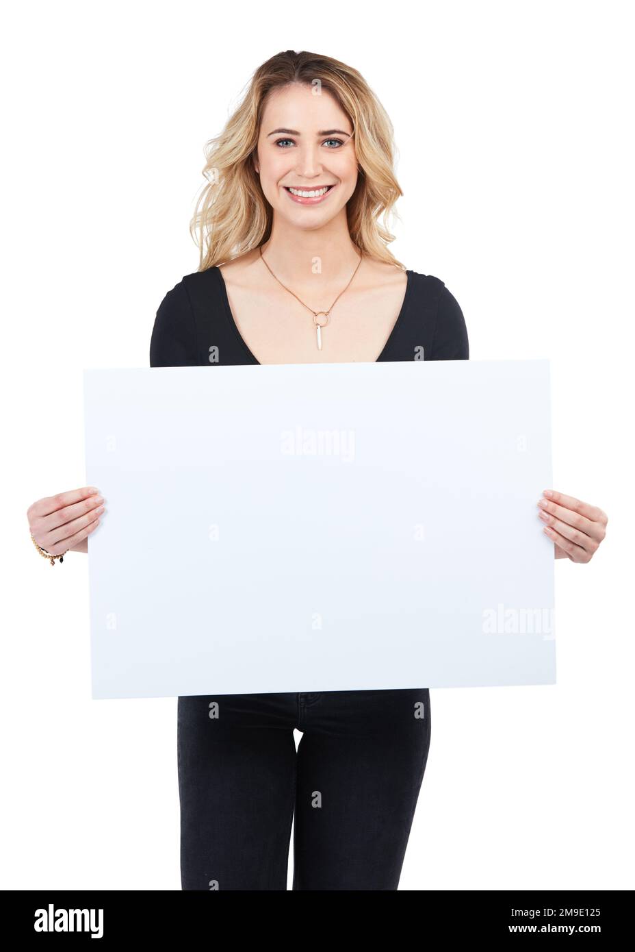 Happy woman, poster and mockup sign portrait with space for advertising ...