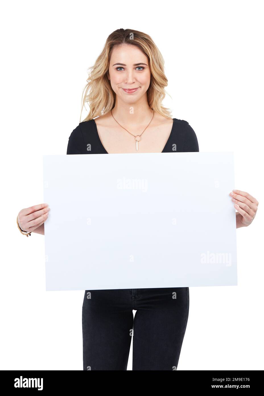 Sign, portrait and woman with poster for mockup, marketing or ...
