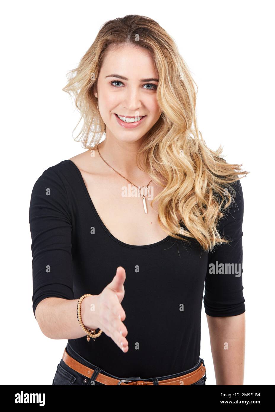 Handshake, welcome or hello with woman in portrait, introduction and ...