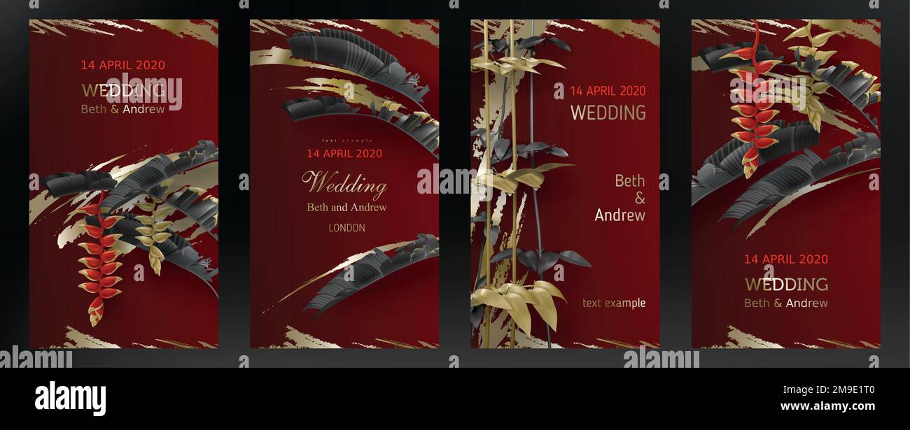 Tropical black gold leaves on dark maroon background vector poster ...