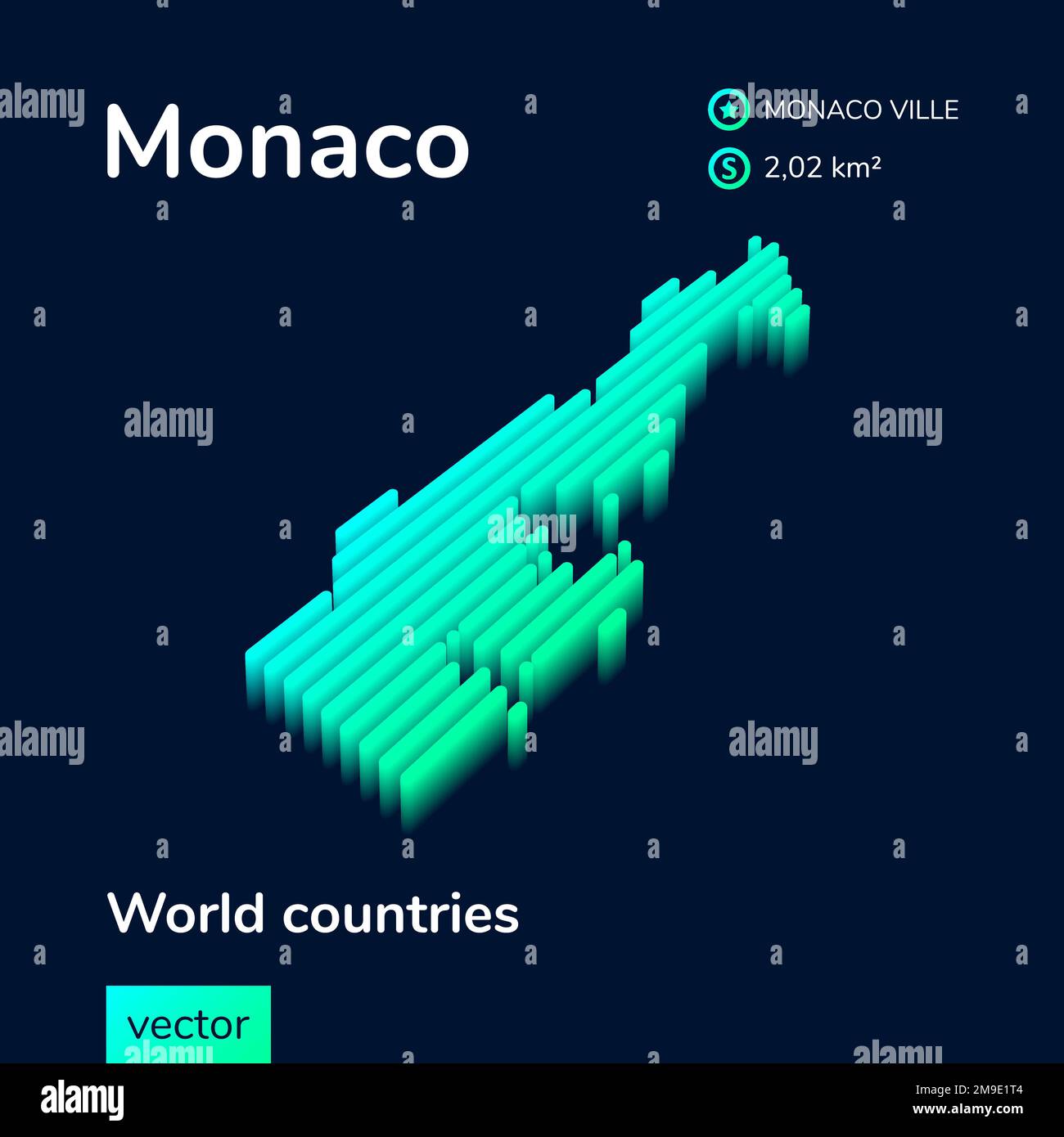 Monaco 3D map. Stylized isometric neon striped vector map in green colors on blue background ...
