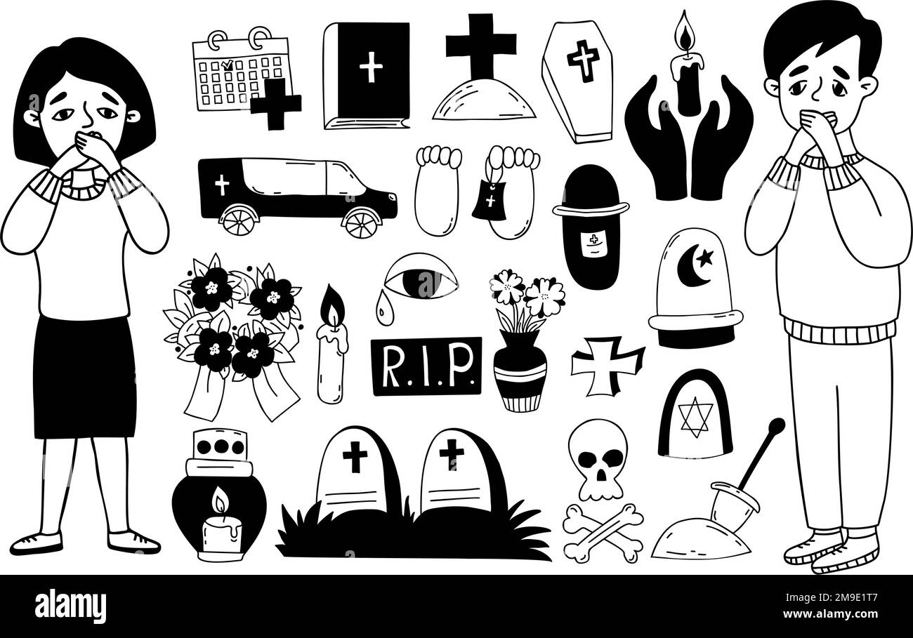 Collection death doodles. Man and woman heartbroken, shocked. Funeral ...