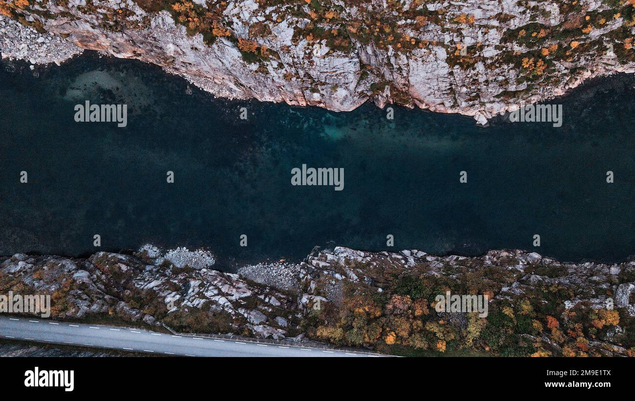 An aerial view of the beautiful river in the Norwegian fjords in autumn ...