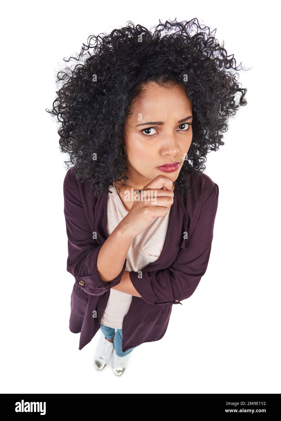 Black woman, thinking face and hands with top view for idea, question ...