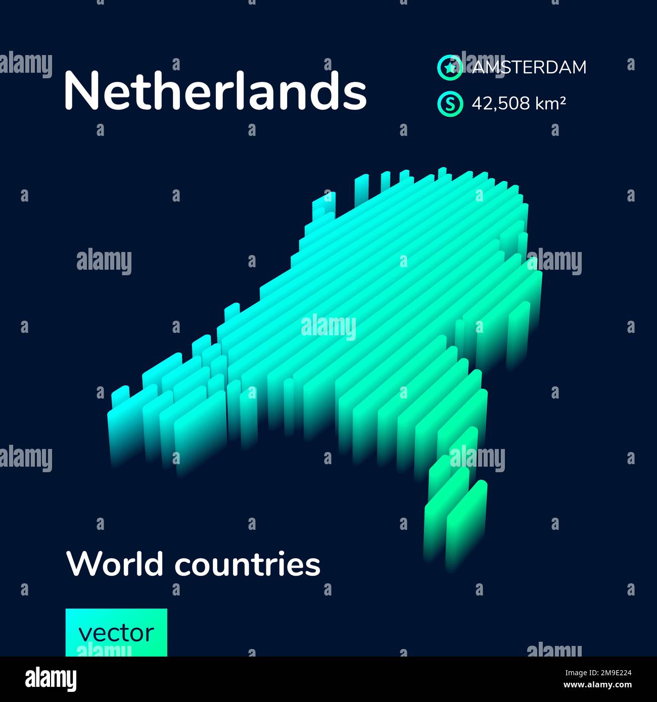 Stylized neon digital isometric striped vector Netherlands 3D map. Map ...