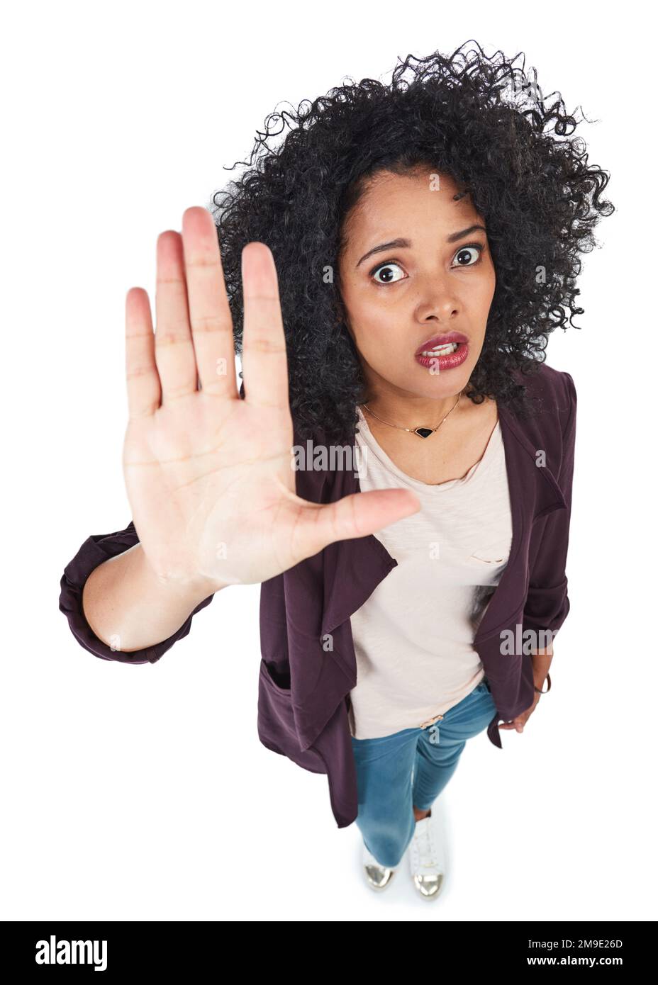 Black woman, portrait and hand palm for stop or warning sign in studio ...