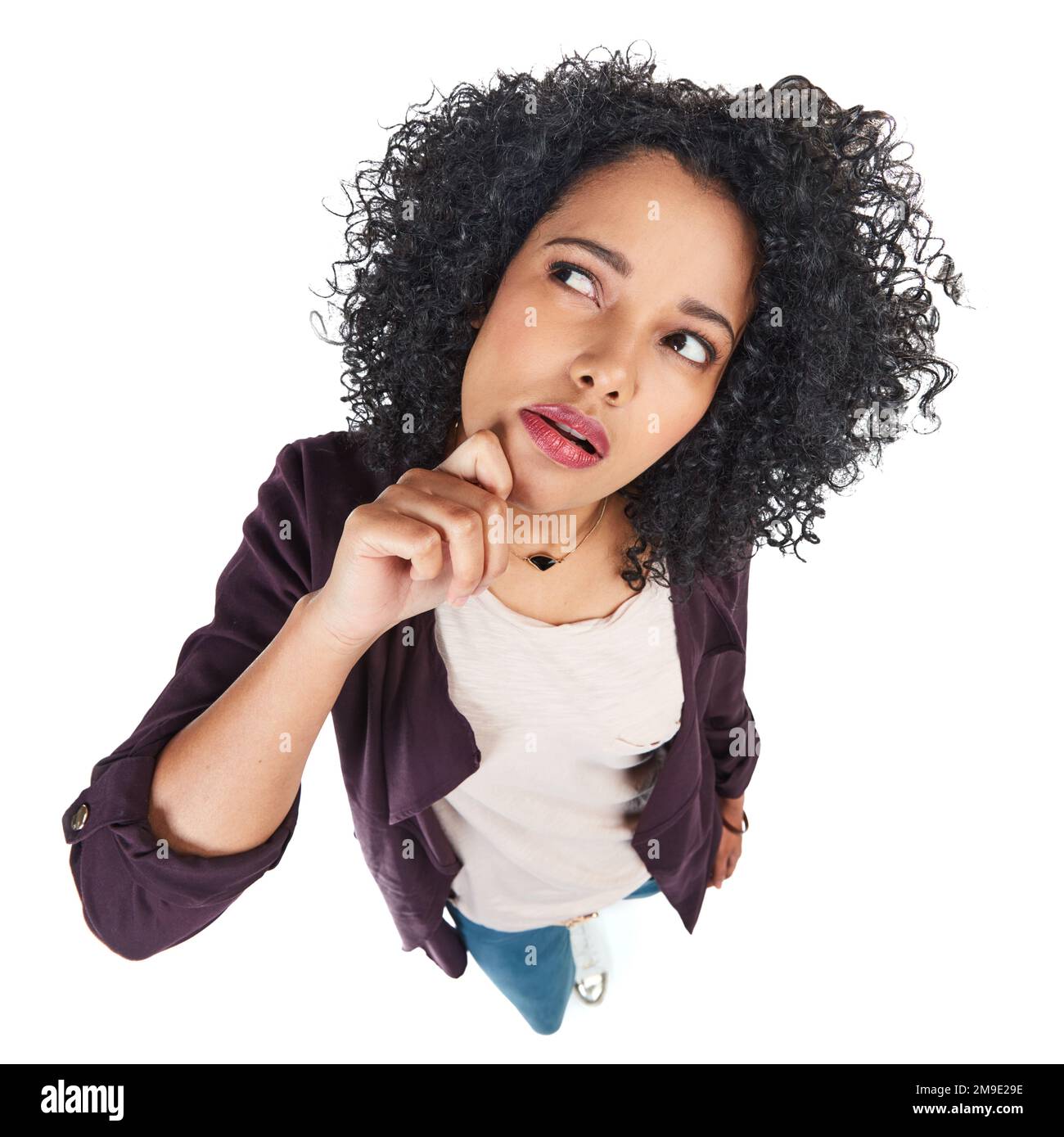 Top view, black woman and thinking with focus and girl isolated on ...
