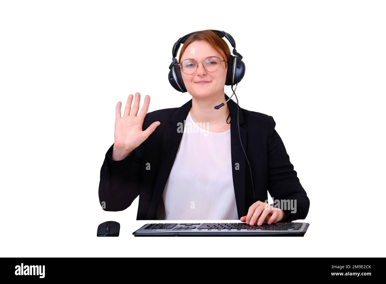 Laptop camera captures a caucasian woman in a black suit, chat ...