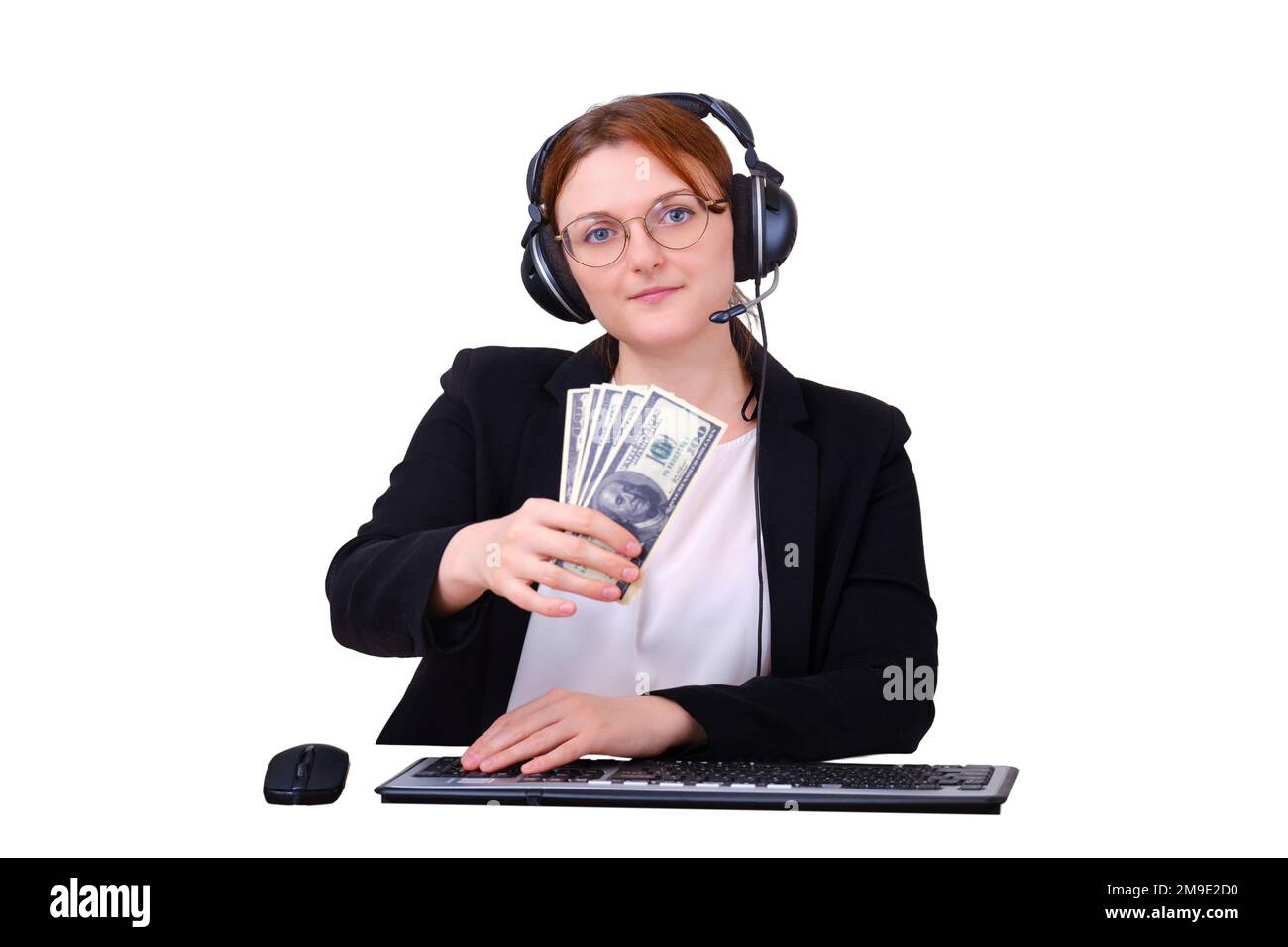 Businesswoman with us dollars in hands during online video call via the ...
