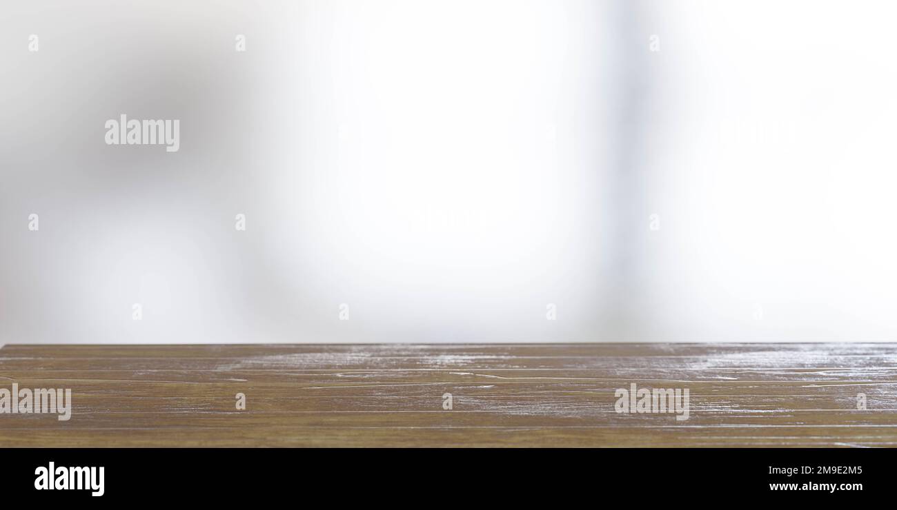 wooden surface in front of blurry bright background for presentation ...